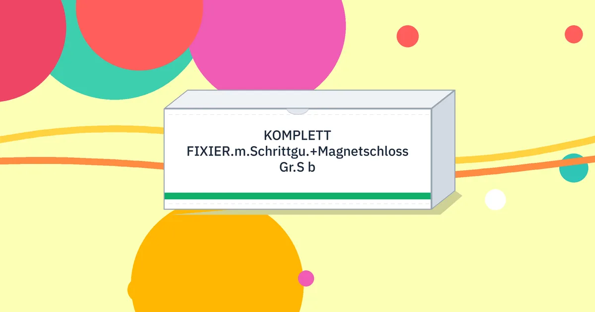 Symbolbild: Packung mit der Aufschrift KOMPLETT FIXIER.m.Schrittgu.+Magnetschloss Gr.S b (PZN 11572975) – Verfügbarkeit und Bezug in Apotheken in Frankfurt am Main