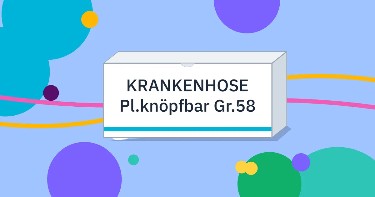 Symbolbild: Packung mit der Aufschrift KRANKENHOSE Pl.knöpfbar Gr.58 (PZN 01979606) – Verfügbarkeit und Bezug in Apotheken in Frankfurt am Main
