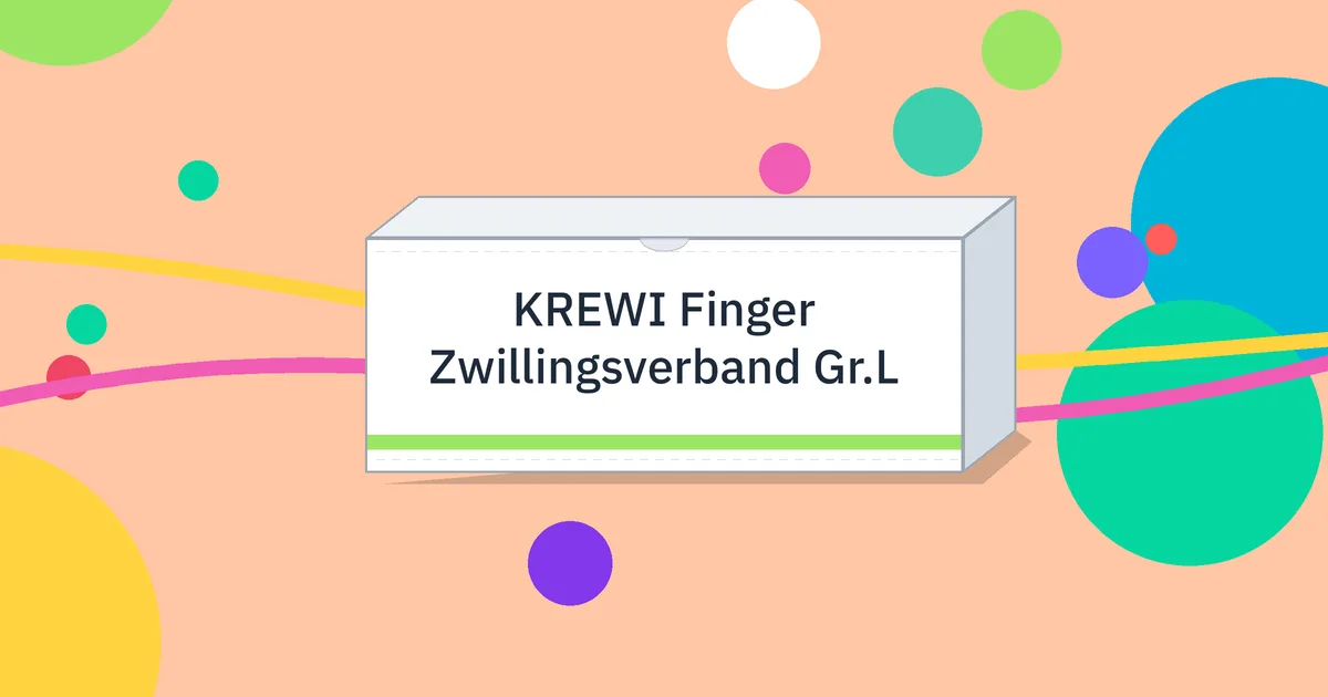 Symbolbild: Packung mit der Aufschrift KREWI Finger Zwillingsverband Gr.L (PZN 06473484) – Verfügbarkeit und Bezug in Apotheken in Frankfurt am Main