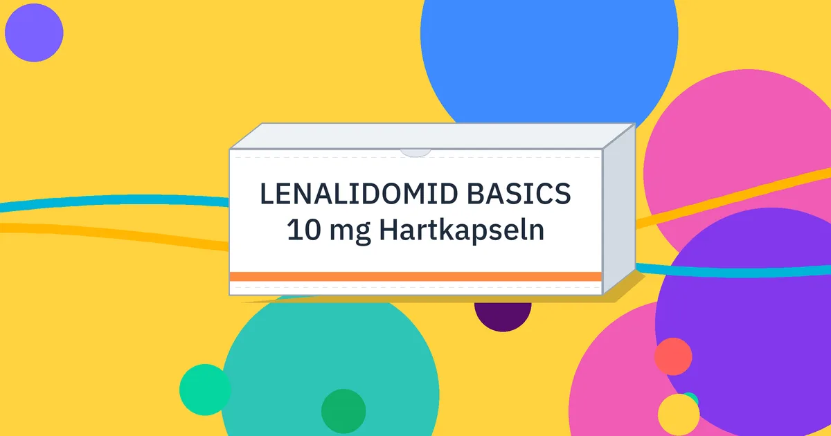 Symbolbild: Packung mit der Aufschrift LENALIDOMID BASICS 10 mg Hartkapseln (PZN 17816591) – Verfügbarkeit und Bezug in Apotheken in Frankfurt am Main