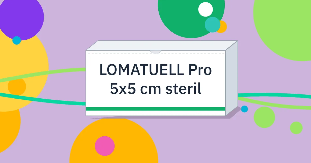 Symbolbild: Packung mit der Aufschrift LOMATUELL Pro 5x5 cm steril (PZN 20338304) – Verfügbarkeit und Bezug in Apotheken in Frankfurt am Main