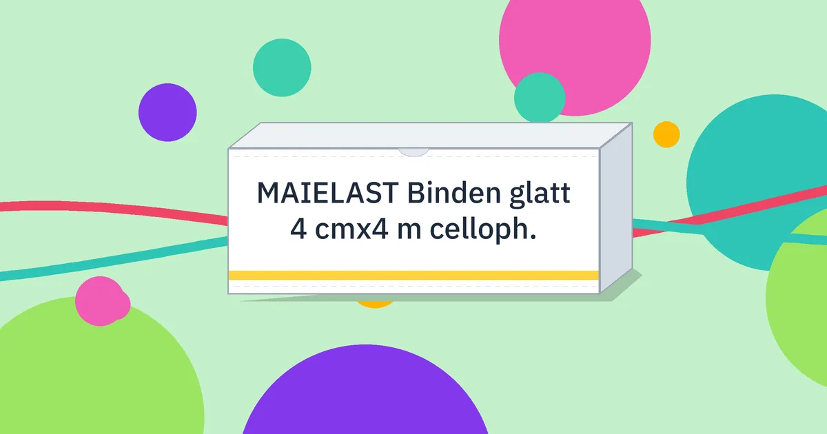 Symbolbild: Packung mit der Aufschrift MAIELAST Binden glatt 4 cmx4 m celloph. (PZN 00119586) – Verfügbarkeit und Bezug in Apotheken in Frankfurt am Main