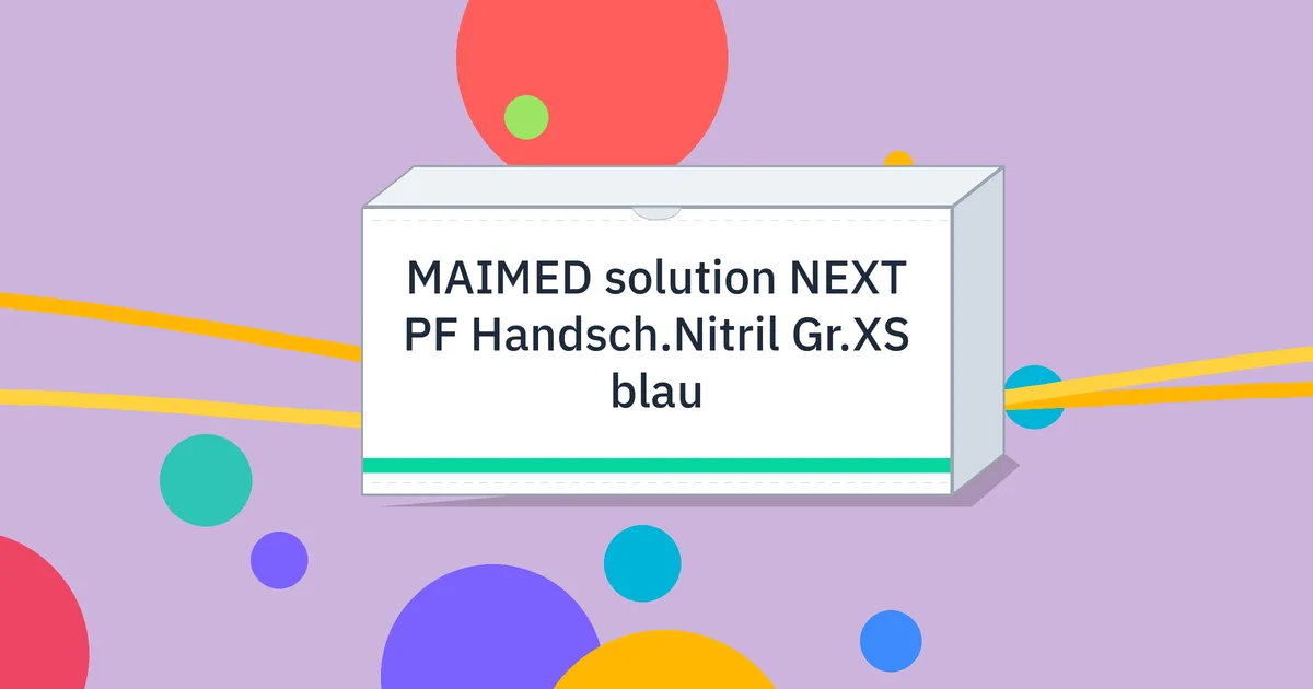 Symbolbild: Packung mit der Aufschrift MAIMED solution NEXT PF Handsch.Nitril Gr.XS blau (PZN 10308130) – Verfügbarkeit und Bezug in Apotheken in Frankfurt am Main