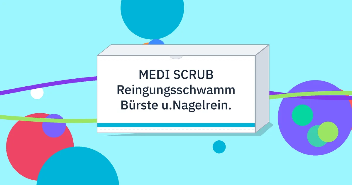 Symbolbild: Packung mit der Aufschrift MEDI SCRUB Reingungsschwamm Bürste u.Nagelrein. (PZN 09379001) – Verfügbarkeit und Bezug in Apotheken in Frankfurt am Main