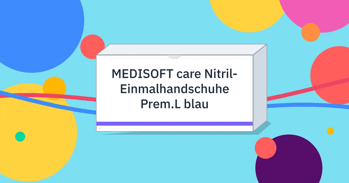 Symbolbild: Packung mit der Aufschrift MEDISOFT care Nitril-Einmalhandschuhe Prem.L blau (PZN 20028420) – Verfügbarkeit und Bezug in Apotheken in Frankfurt am Main
