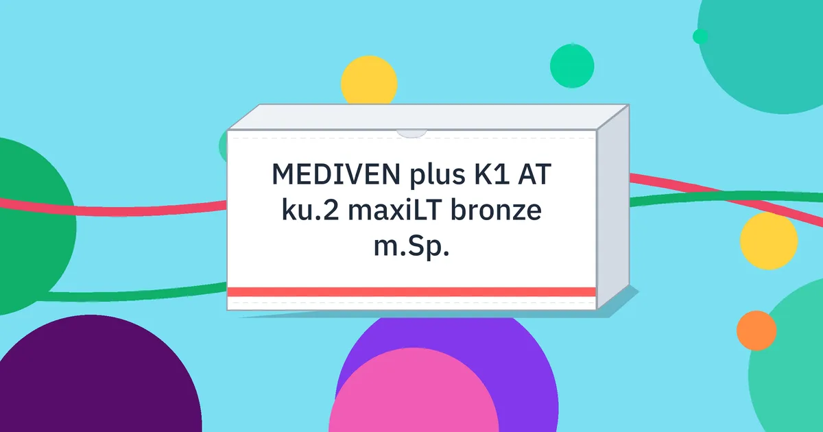 Symbolbild: Packung mit der Aufschrift MEDIVEN plus K1 AT ku.2 maxiLT bronze m.Sp. (PZN 15069730) – Verfügbarkeit und Bezug in Apotheken in Frankfurt am Main