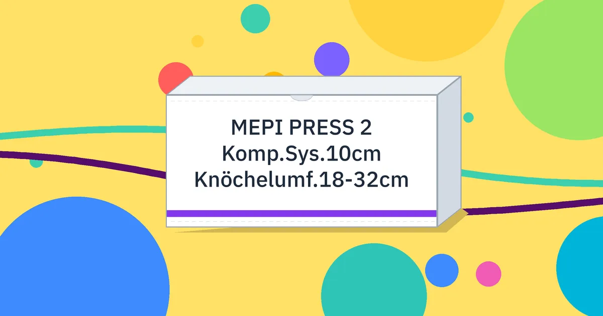 Symbolbild: Packung mit der Aufschrift MEPI PRESS 2 Komp.Sys.10cm Knöchelumf.18-32cm (PZN 19958645) – Verfügbarkeit und Bezug in Apotheken in Frankfurt am Main