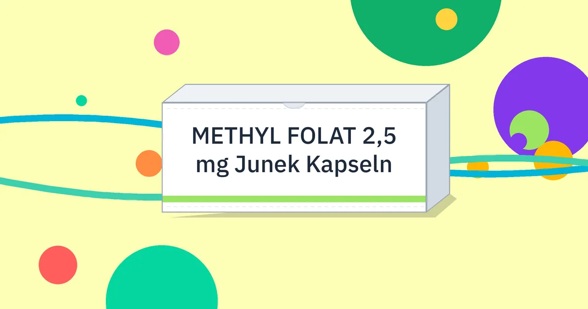 Symbolbild: Packung mit der Aufschrift METHYL FOLAT 2,5 mg Junek Kapseln (PZN 20051755) – Verfügbarkeit und Bezug in Apotheken in Frankfurt am Main
