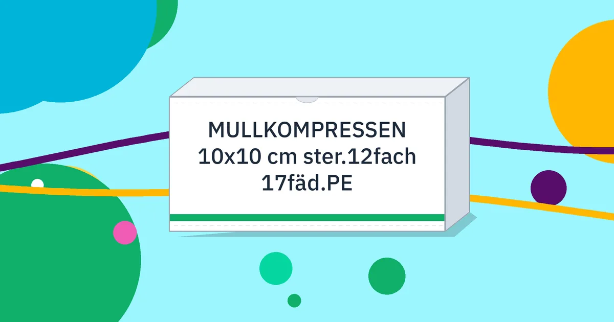 Symbolbild: Packung mit der Aufschrift MULLKOMPRESSEN 10x10 cm ster.12fach 17fäd.PE (PZN 06930415) – Verfügbarkeit und Bezug in Apotheken in Frankfurt am Main