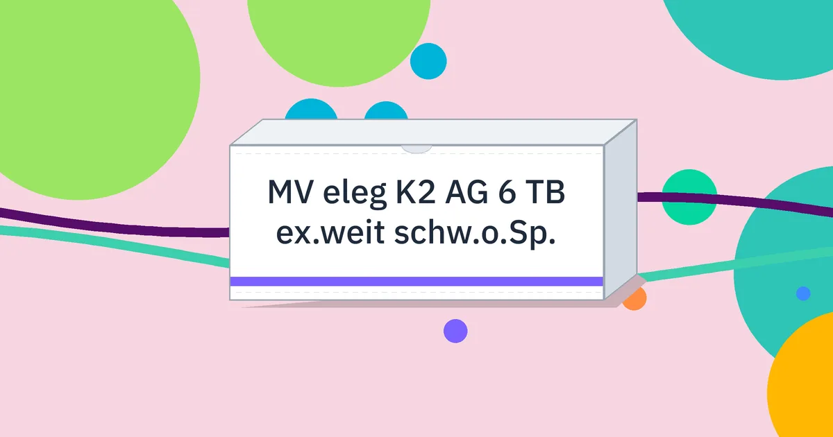 Symbolbild: Packung mit der Aufschrift MV eleg K2 AG 6 TB ex.weit schw.o.Sp. (PZN 09878170) – Verfügbarkeit und Bezug in Apotheken in Frankfurt am Main