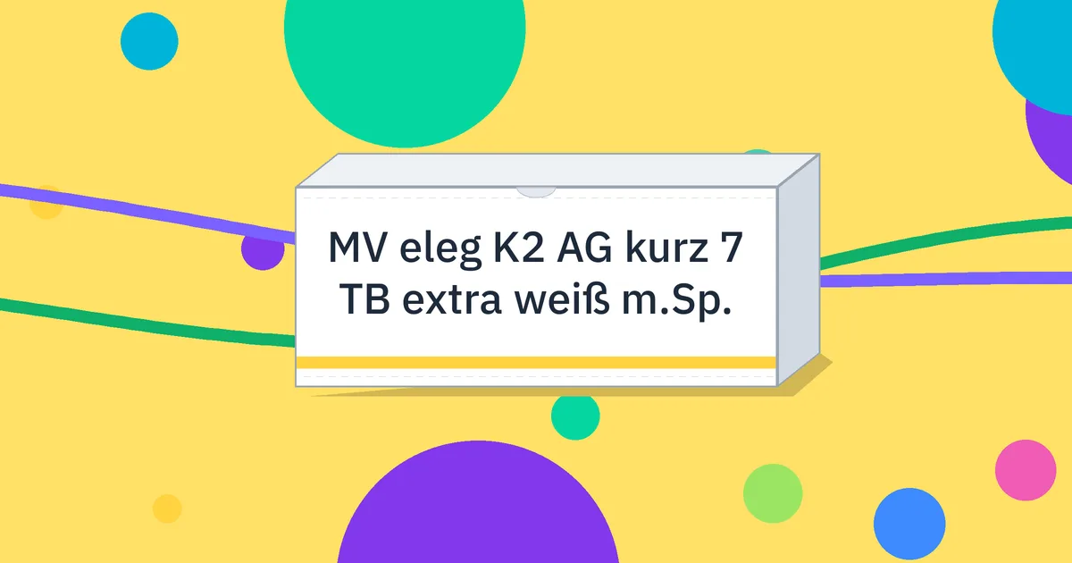 Symbolbild: Packung mit der Aufschrift MV eleg K2 AG kurz 7 TB extra weiß m.Sp. (PZN 09879643) – Verfügbarkeit und Bezug in Apotheken in Frankfurt am Main