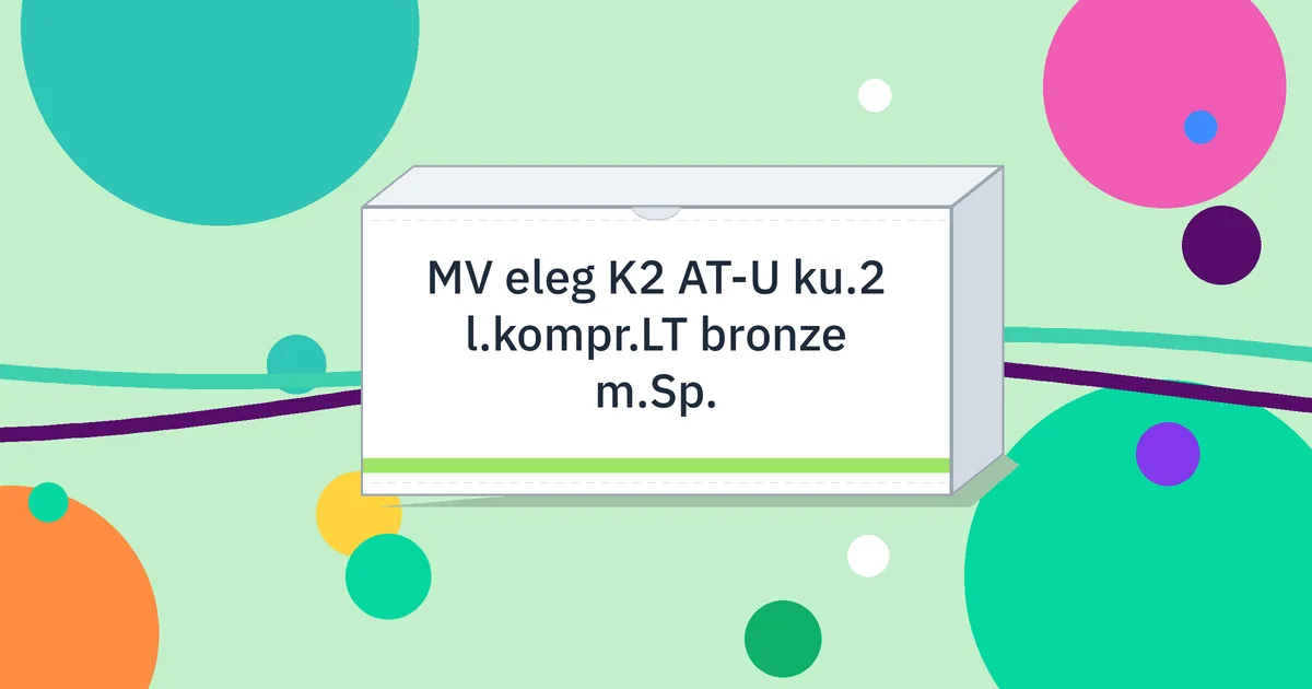Symbolbild: Packung mit der Aufschrift MV eleg K2 AT-U ku.2 l.kompr.LT bronze m.Sp. (PZN 15291204) – Verfügbarkeit und Bezug in Apotheken in Frankfurt am Main