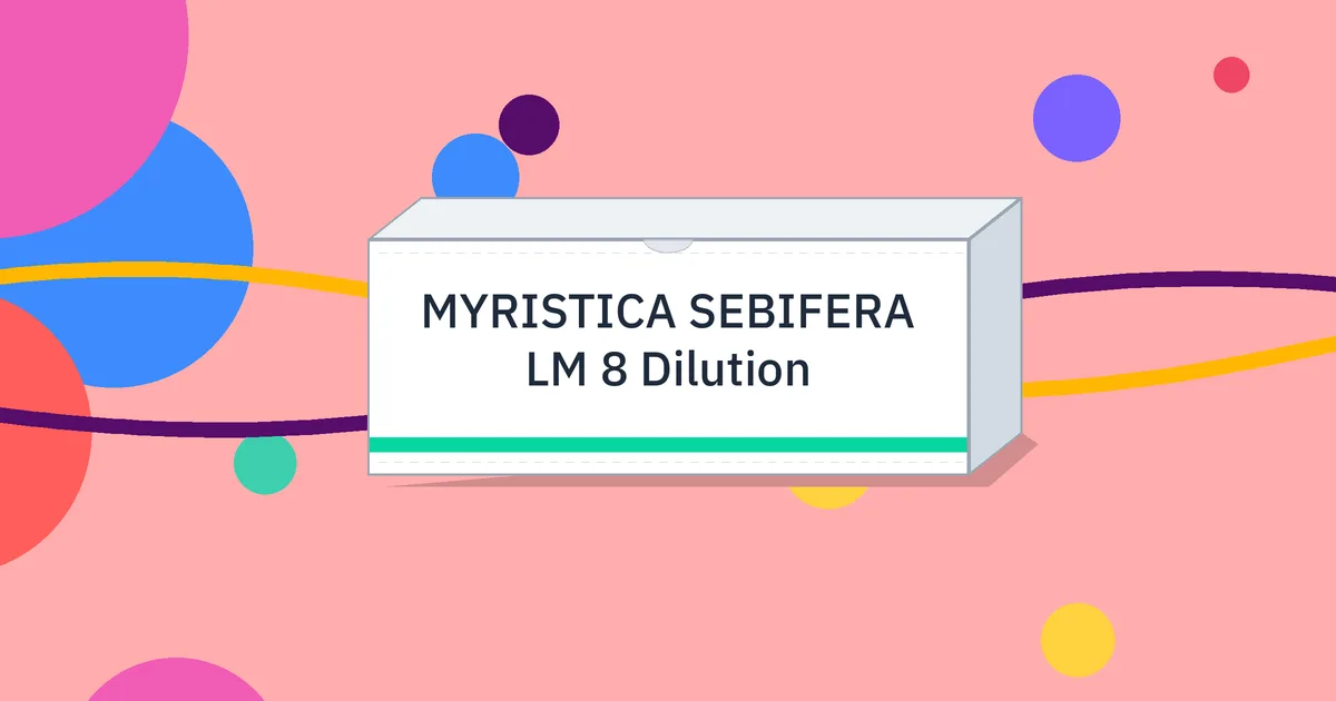 Symbolbild: Packung mit der Aufschrift MYRISTICA SEBIFERA LM 8 Dilution (PZN 13612532) – Verfügbarkeit und Bezug in Apotheken in Frankfurt am Main