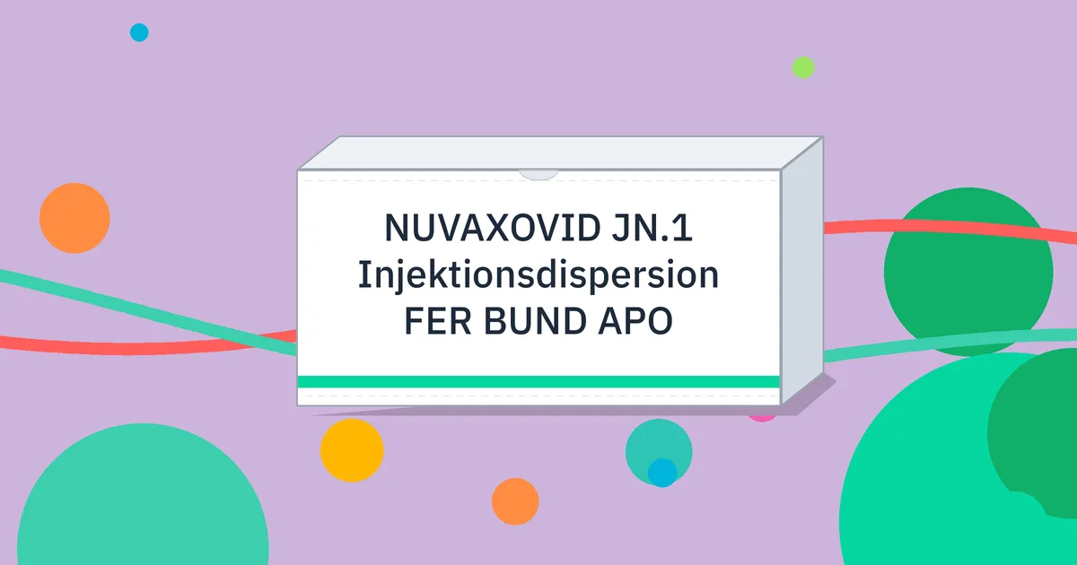 Symbolbild: Packung mit der Aufschrift NUVAXOVID JN.1 Injektionsdispersion FER BUND APO (PZN 20084430) – Verfügbarkeit und Bezug in Apotheken in Frankfurt am Main