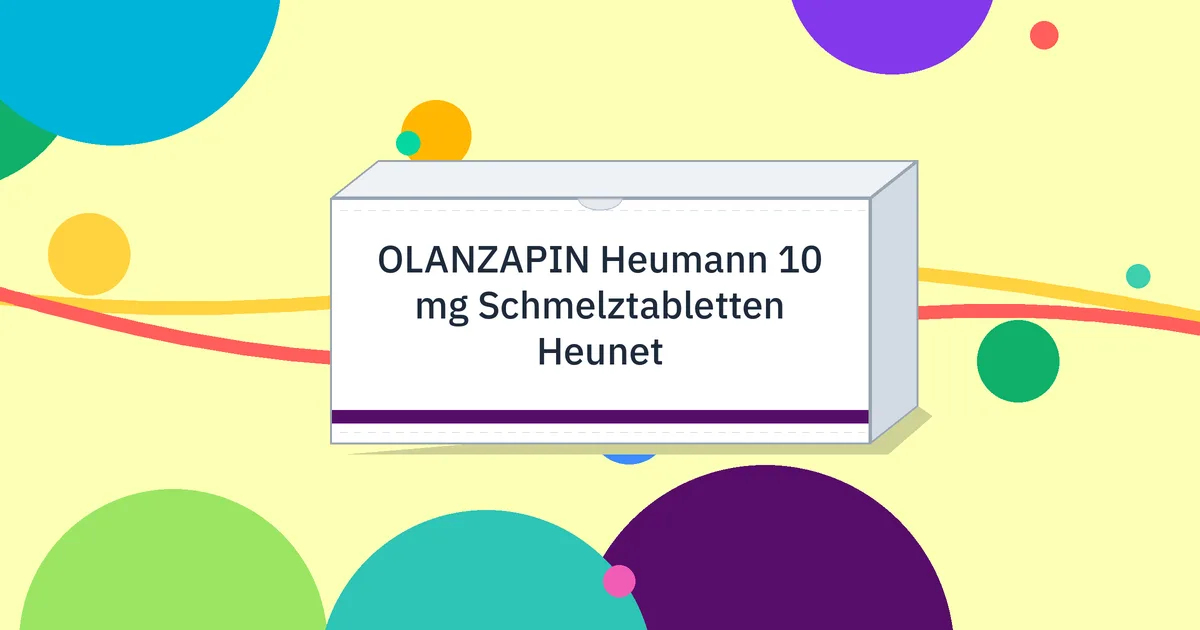 Symbolbild: Packung mit der Aufschrift OLANZAPIN Heumann 10 mg Schmelztabletten Heunet (PZN 09100157) – Verfügbarkeit und Bezug in Apotheken in Frankfurt am Main