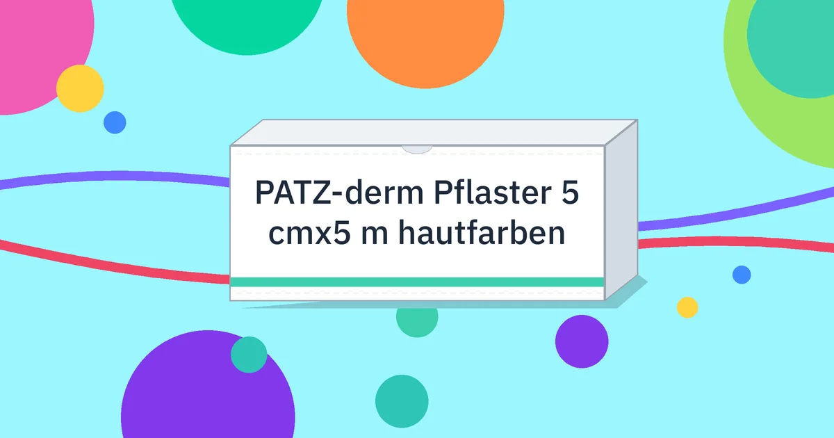 Symbolbild: Packung mit der Aufschrift PATZ-derm Pflaster 5 cmx5 m hautfarben (PZN 06813655) – Verfügbarkeit und Bezug in Apotheken in Frankfurt am Main