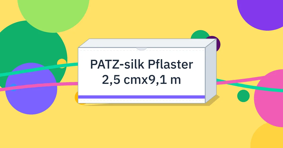 Symbolbild: Packung mit der Aufschrift PATZ-silk Pflaster 2,5 cmx9,1 m (PZN 06813678) – Verfügbarkeit und Bezug in Apotheken in Frankfurt am Main