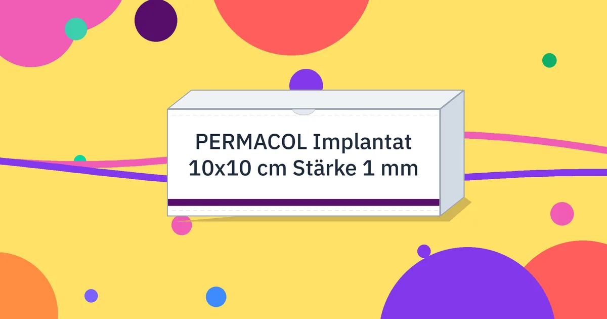 Symbolbild: Packung mit der Aufschrift PERMACOL Implantat 10x10 cm Stärke 1 mm (PZN 05869642) – Verfügbarkeit und Bezug in Apotheken in Frankfurt am Main