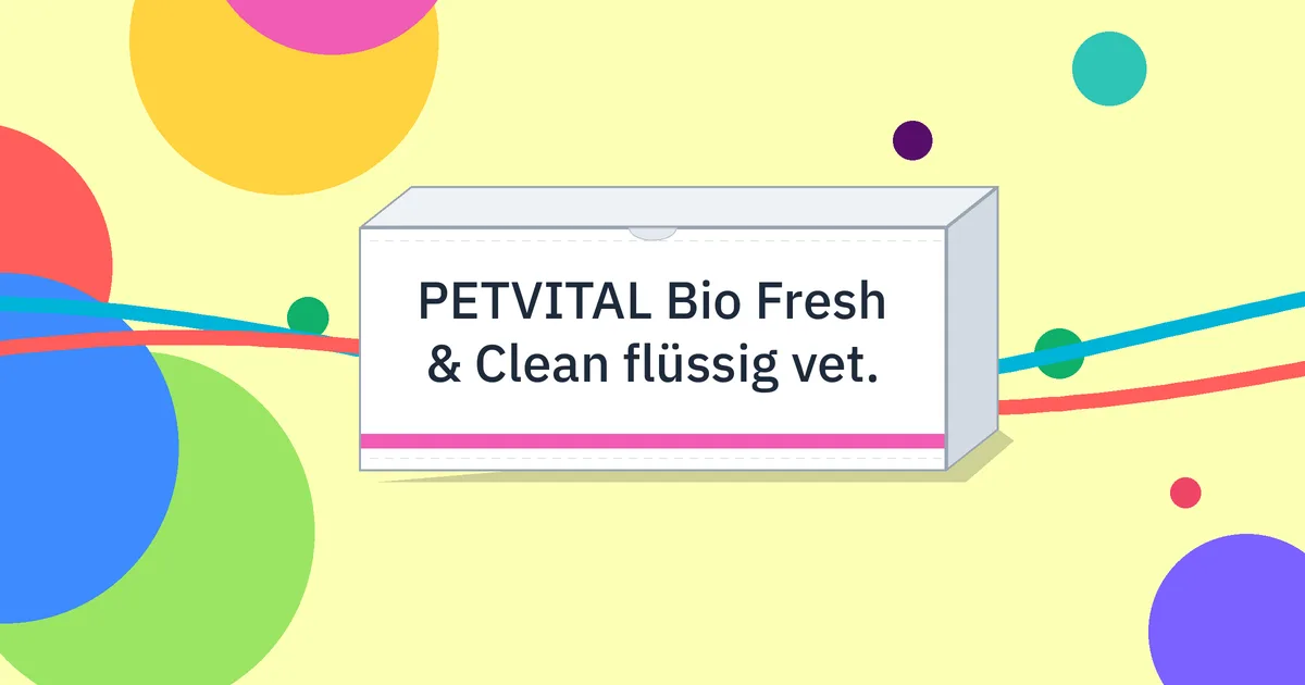 Symbolbild: Packung mit der Aufschrift PETVITAL Bio Fresh & Clean flüssig vet. (PZN 05882602) – Verfügbarkeit und Bezug in Apotheken in Frankfurt am Main