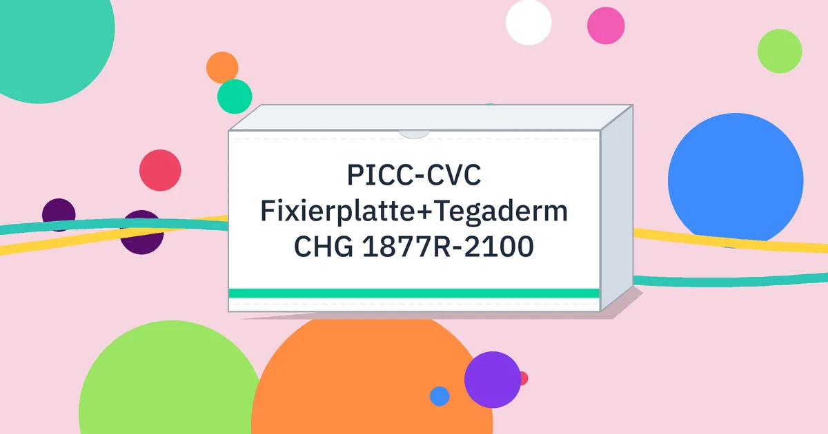 Symbolbild: Packung mit der Aufschrift PICC-CVC Fixierplatte+Tegaderm CHG 1877R-2100 (PZN 04712128) – Verfügbarkeit und Bezug in Apotheken in Frankfurt am Main
