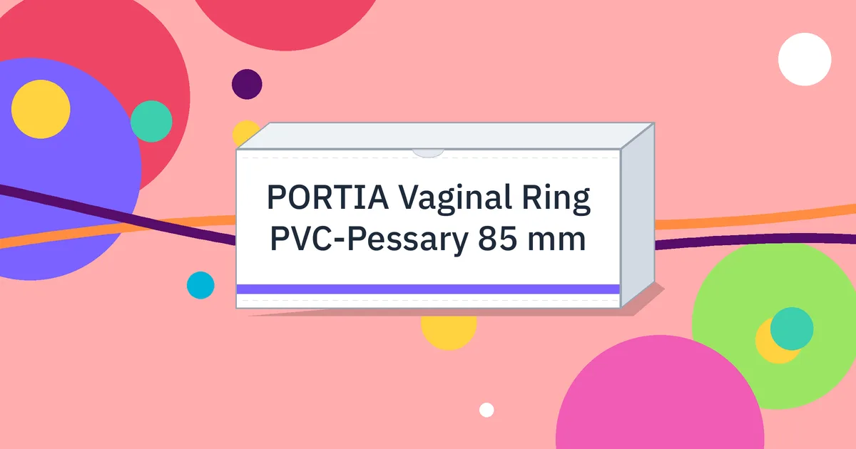 Symbolbild: Packung mit der Aufschrift PORTIA Vaginal Ring PVC-Pessary 85 mm (PZN 12743019) – Verfügbarkeit und Bezug in Apotheken in Frankfurt am Main