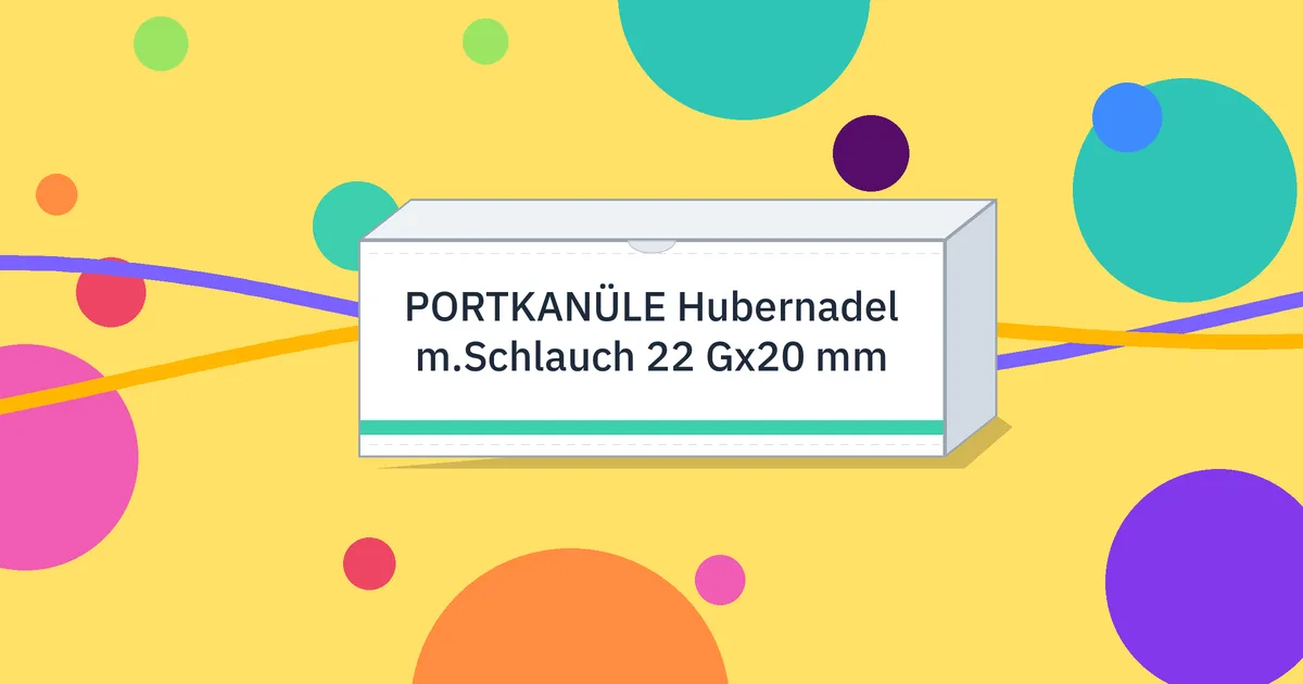 Symbolbild: Packung mit der Aufschrift PORTKANÜLE Hubernadel m.Schlauch 22 Gx20 mm (PZN 12497804) – Verfügbarkeit und Bezug in Apotheken in Frankfurt am Main