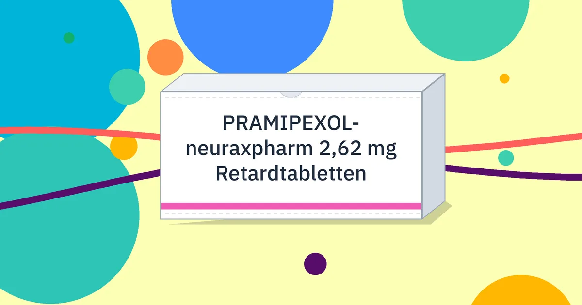 Symbolbild: Packung mit der Aufschrift PRAMIPEXOL-neuraxpharm 2,62 mg Retardtabletten (PZN 12420003) – Verfügbarkeit und Bezug in Apotheken in Frankfurt am Main