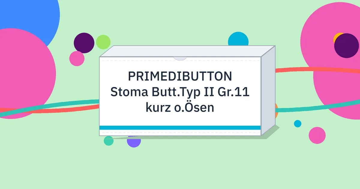 Symbolbild: Packung mit der Aufschrift PRIMEDIBUTTON Stoma Butt.Typ II Gr.11 kurz o.Ösen (PZN 10791451) – Verfügbarkeit und Bezug in Apotheken in Frankfurt am Main