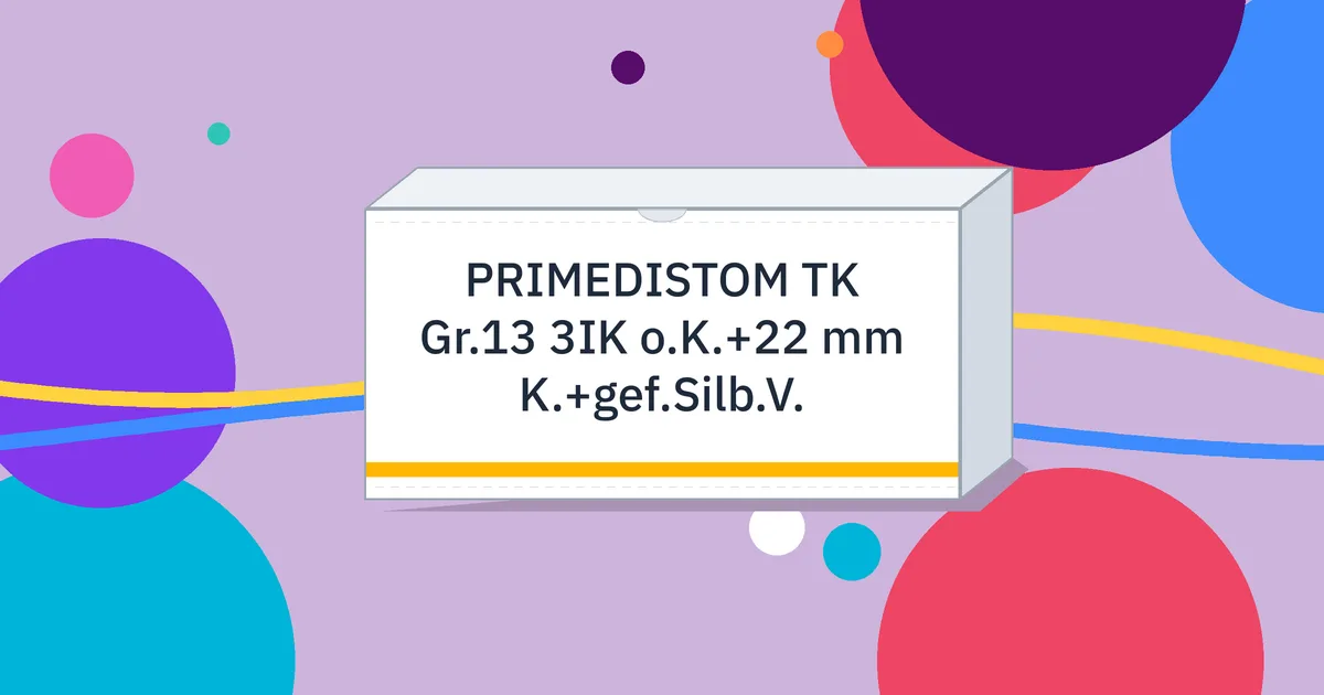 Symbolbild: Packung mit der Aufschrift PRIMEDISTOM TK Gr.13 3IK o.K.+22 mm K.+gef.Silb.V. (PZN 10262735) – Verfügbarkeit und Bezug in Apotheken in Frankfurt am Main