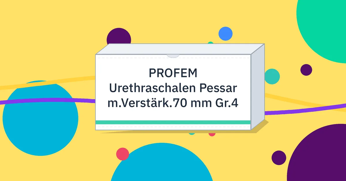 Symbolbild: Packung mit der Aufschrift PROFEM Urethraschalen Pessar m.Verstärk.70 mm Gr.4 (PZN 11672748) – Verfügbarkeit und Bezug in Apotheken in Frankfurt am Main