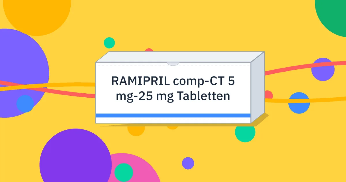 Symbolbild: Packung mit der Aufschrift RAMIPRIL comp-CT 5 mg-25 mg Tabletten (PZN 01694476) – Verfügbarkeit und Bezug in Apotheken in Frankfurt am Main
