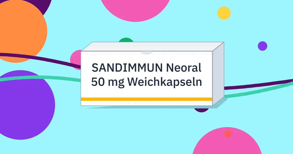 Symbolbild: Packung mit der Aufschrift SANDIMMUN Neoral 50 mg Weichkapseln (PZN 08816333) – Verfügbarkeit und Bezug in Apotheken in Frankfurt am Main