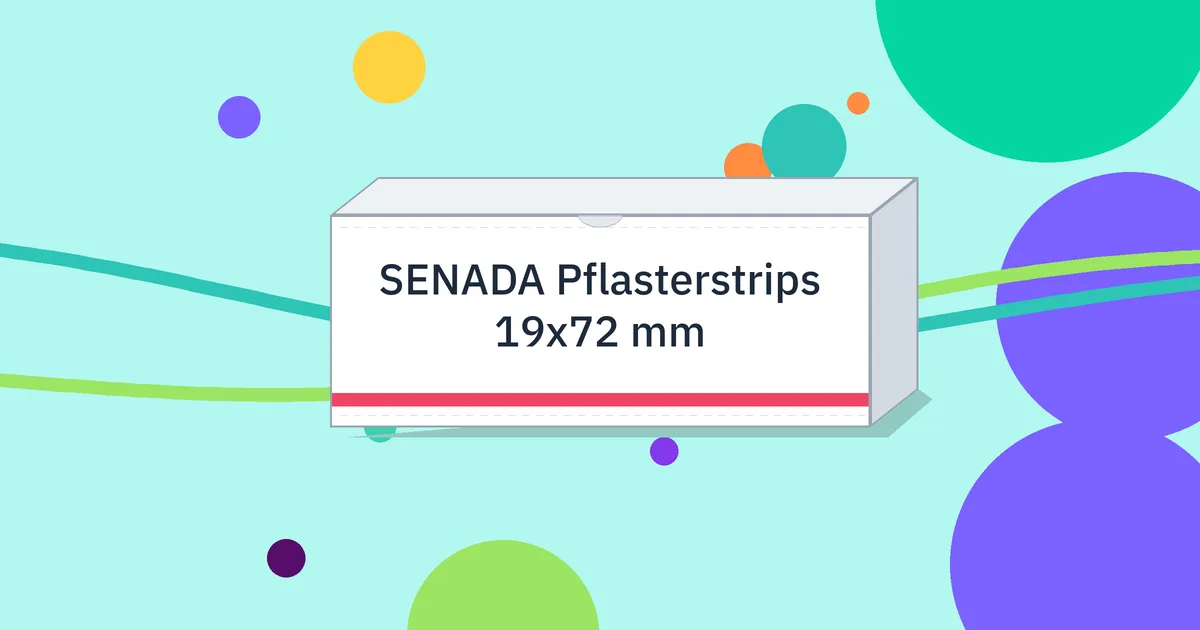 Symbolbild: Packung mit der Aufschrift SENADA Pflasterstrips 19x72 mm (PZN 05856645) – Verfügbarkeit und Bezug in Apotheken in Frankfurt am Main