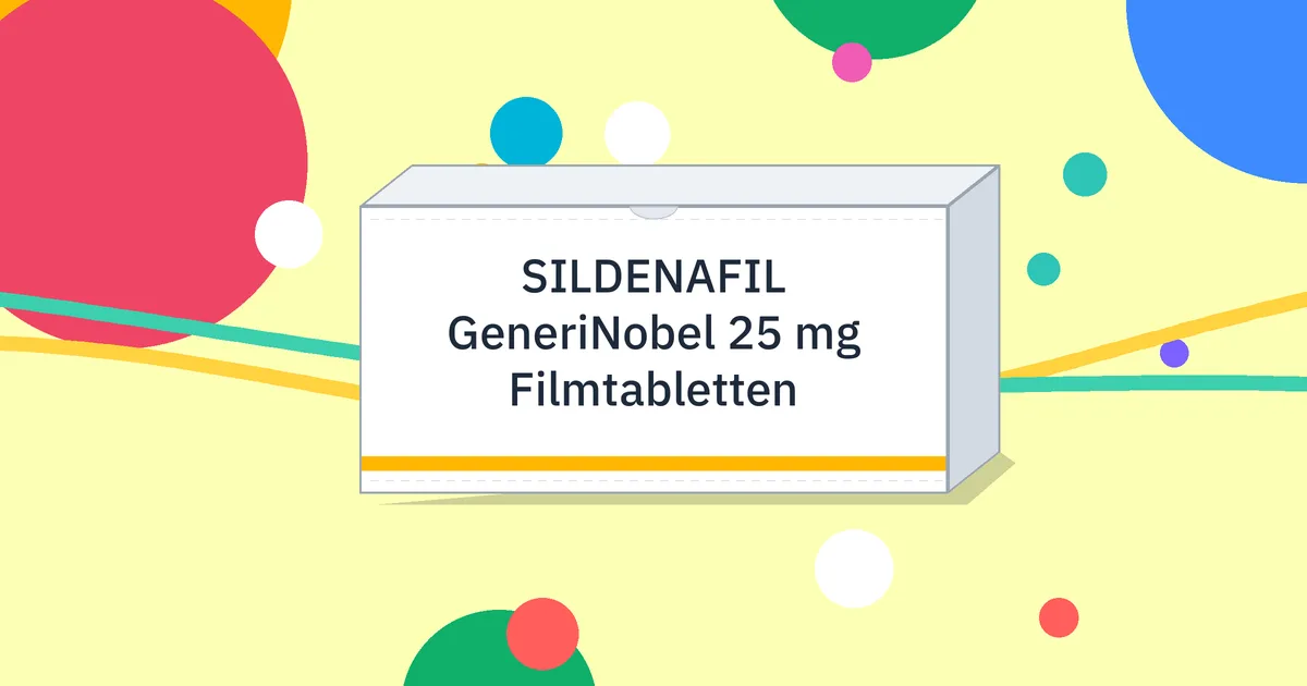 Symbolbild: Packung mit der Aufschrift SILDENAFIL GeneriNobel 25 mg Filmtabletten (PZN 19632122) – Verfügbarkeit und Bezug in Apotheken in Frankfurt am Main