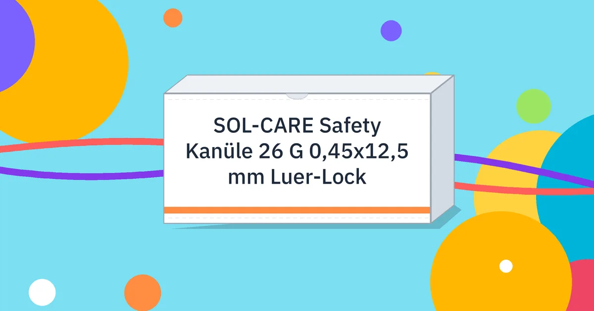 Symbolbild: Packung mit der Aufschrift SOL-CARE Safety Kanüle 26 G 0,45x12,5 mm Luer-Lock (PZN 20328228) – Verfügbarkeit und Bezug in Apotheken in Frankfurt am Main