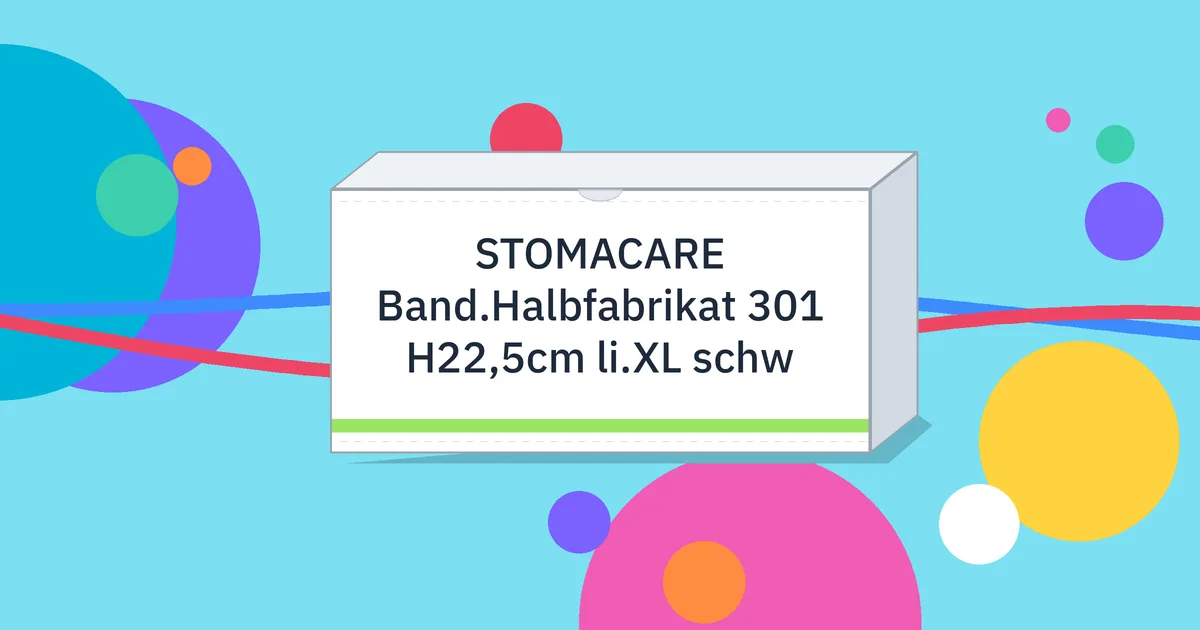 Symbolbild: Packung mit der Aufschrift STOMACARE Band.Halbfabrikat 301 H22,5cm li.XL schw (PZN 09436638) – Verfügbarkeit und Bezug in Apotheken in Frankfurt am Main