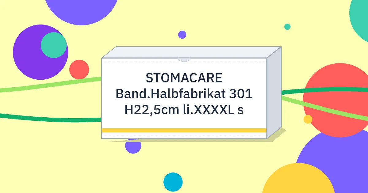 Symbolbild: Packung mit der Aufschrift STOMACARE Band.Halbfabrikat 301 H22,5cm li.XXXXL s (PZN 09436667) – Verfügbarkeit und Bezug in Apotheken in Frankfurt am Main