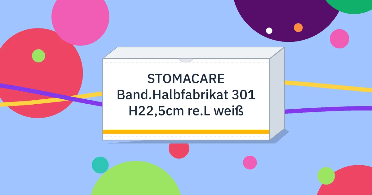 Symbolbild: Packung mit der Aufschrift STOMACARE Band.Halbfabrikat 301 H22,5cm re.L weiß (PZN 03413932) – Verfügbarkeit und Bezug in Apotheken in Frankfurt am Main