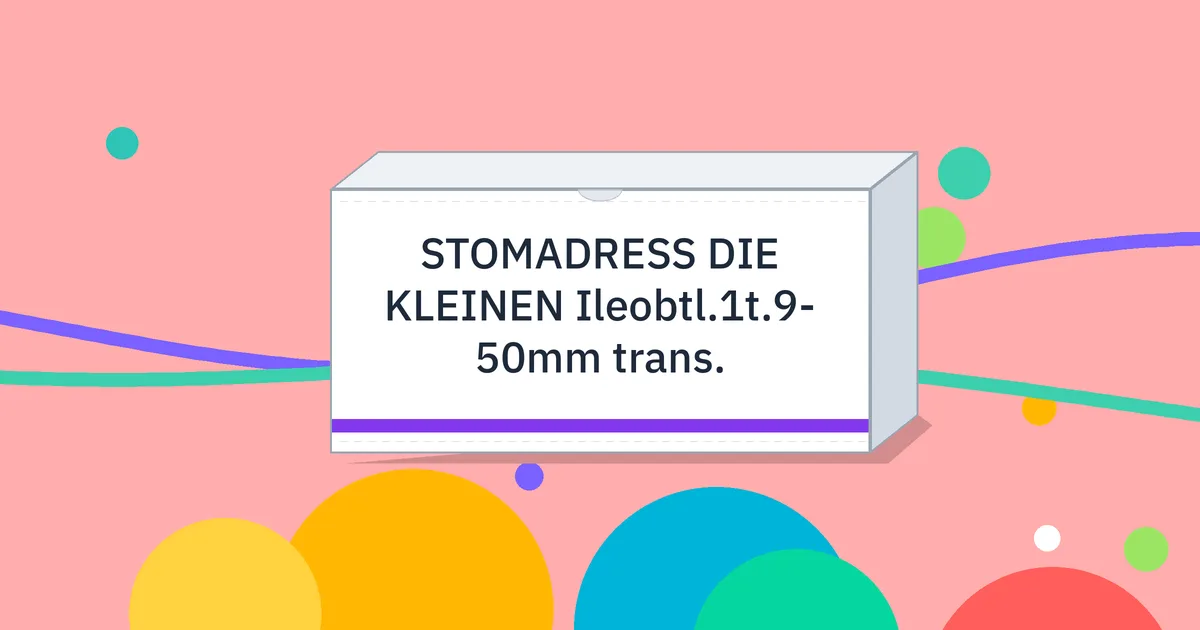 Symbolbild: Packung mit der Aufschrift STOMADRESS DIE KLEINEN Ileobtl.1t.9-50mm trans. (PZN 03542405) – Verfügbarkeit und Bezug in Apotheken in Frankfurt am Main