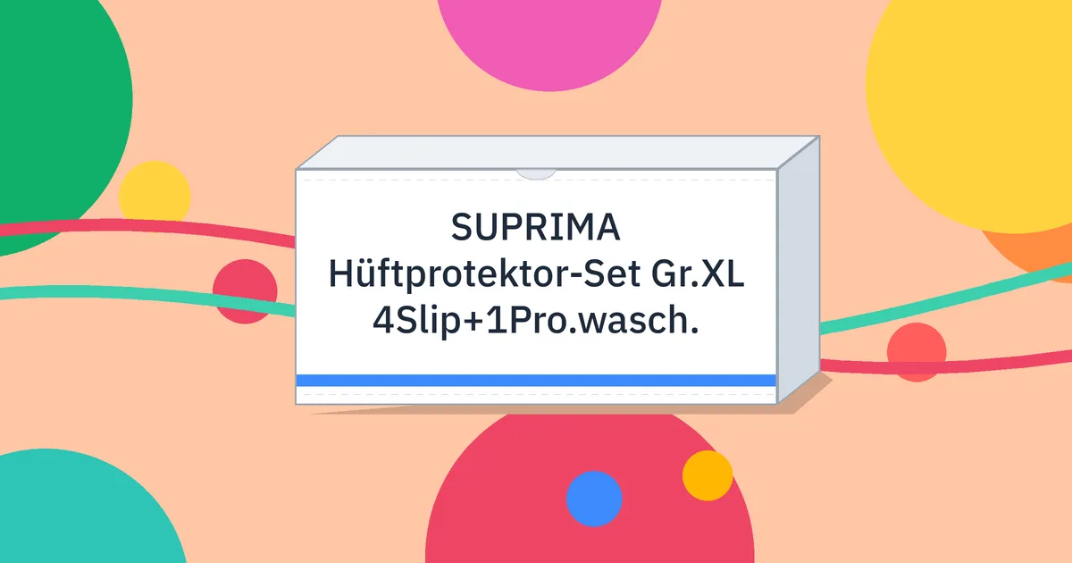Symbolbild: Packung mit der Aufschrift SUPRIMA Hüftprotektor-Set Gr.XL 4Slip+1Pro.wasch. (PZN 07711649) – Verfügbarkeit und Bezug in Apotheken in Frankfurt am Main