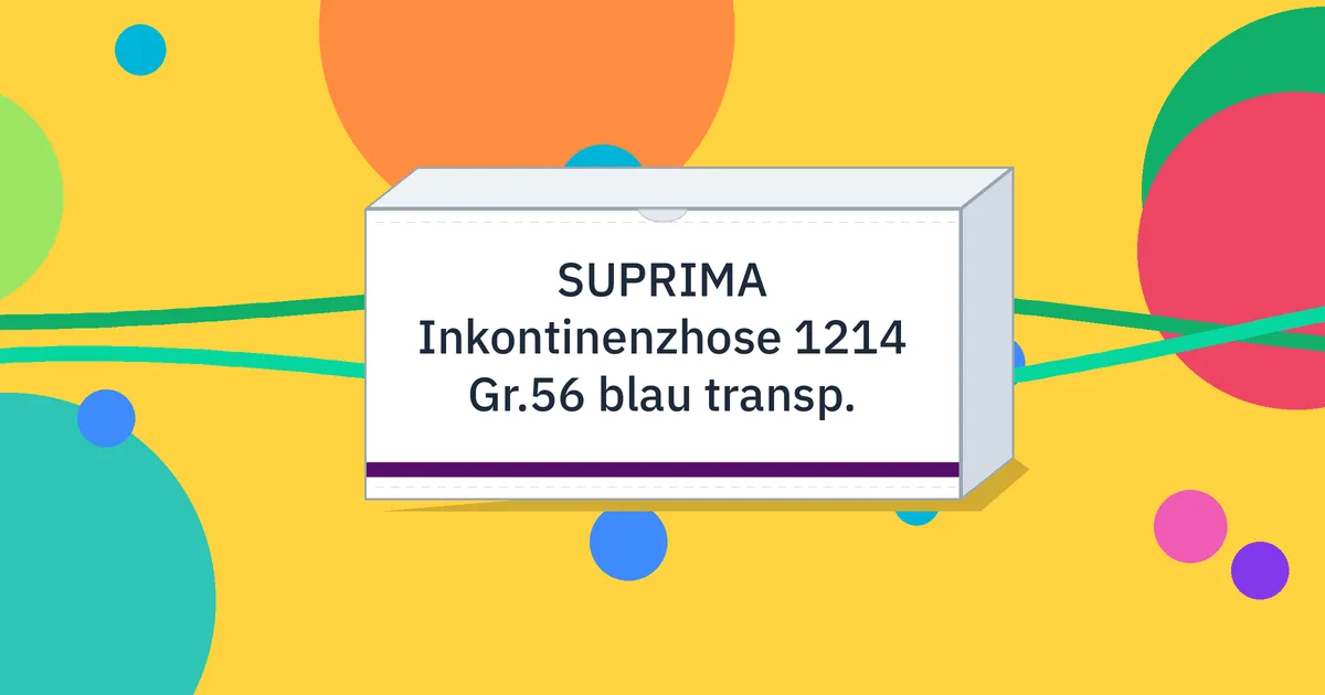Symbolbild: Packung mit der Aufschrift SUPRIMA Inkontinenzhose 1214 Gr.56 blau transp. (PZN 02852782) – Verfügbarkeit und Bezug in Apotheken in Frankfurt am Main