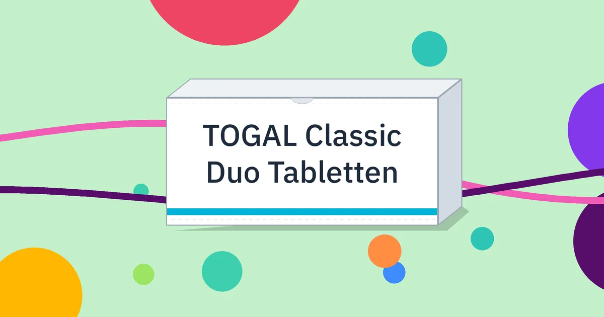 Symbolbild: Packung mit der Aufschrift TOGAL Classic Duo Tabletten (PZN 09071071) – Verfügbarkeit und Bezug in Apotheken in Frankfurt am Main