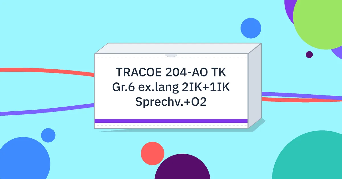 Symbolbild: Packung mit der Aufschrift TRACOE 204-AO TK Gr.6 ex.lang 2IK+1IK Sprechv.+O2 (PZN 17274109) – Verfügbarkeit und Bezug in Apotheken in Frankfurt am Main