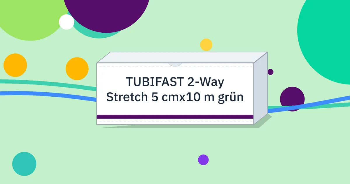 Symbolbild: Packung mit der Aufschrift TUBIFAST 2-Way Stretch 5 cmx10 m grün (PZN 19068124) – Verfügbarkeit und Bezug in Apotheken in Frankfurt am Main