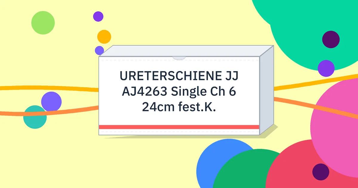 Symbolbild: Packung mit der Aufschrift URETERSCHIENE JJ AJ4263 Single Ch 6 24cm fest.K. (PZN 00752993) – Verfügbarkeit und Bezug in Apotheken in Frankfurt am Main