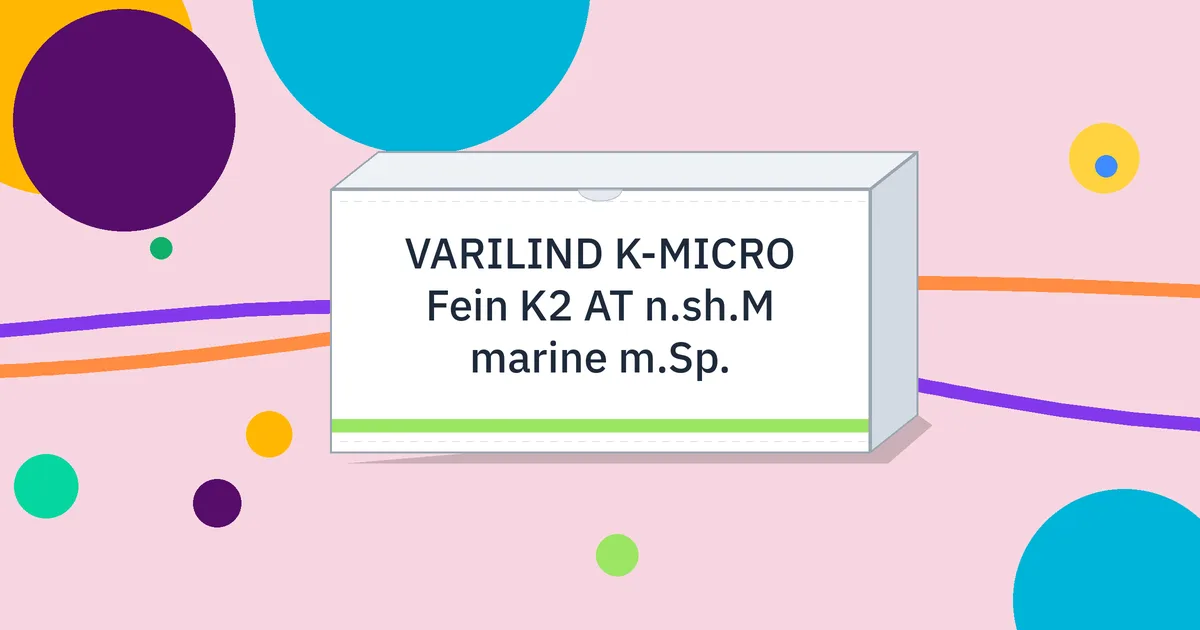 Symbolbild: Packung mit der Aufschrift VARILIND K-MICRO Fein K2 AT n.sh.M marine m.Sp. (PZN 20553304) – Verfügbarkeit und Bezug in Apotheken in Frankfurt am Main