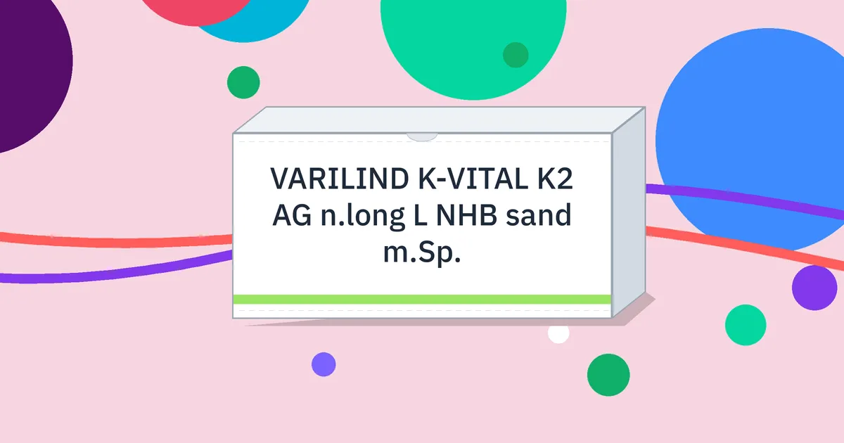 Symbolbild: Packung mit der Aufschrift VARILIND K-VITAL K2 AG n.long L NHB sand m.Sp. (PZN 20564271) – Verfügbarkeit und Bezug in Apotheken in Frankfurt am Main