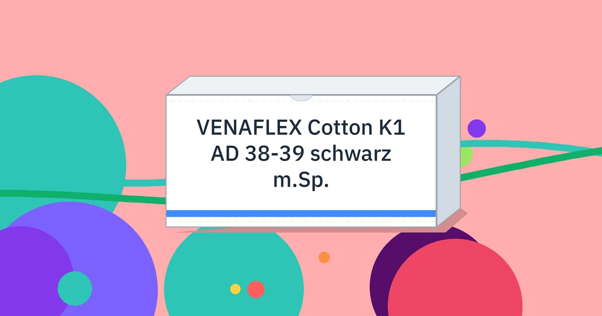 Symbolbild: Packung mit der Aufschrift VENAFLEX Cotton K1 AD 38-39 schwarz m.Sp. (PZN 18308997) – Verfügbarkeit und Bezug in Apotheken in Frankfurt am Main
