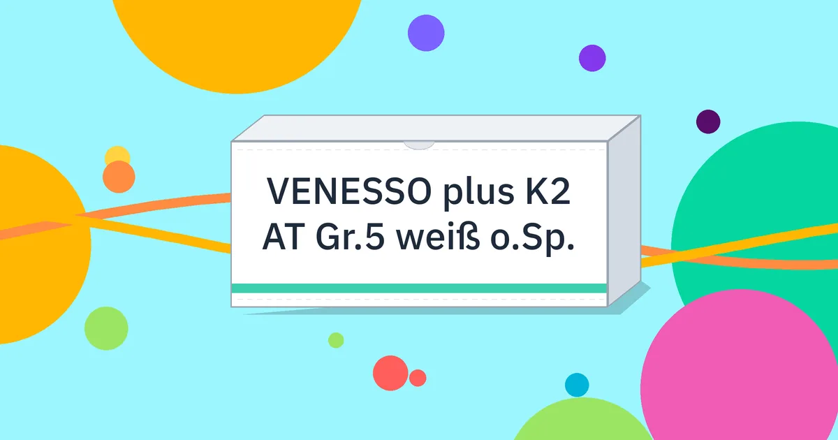 Symbolbild: Packung mit der Aufschrift VENESSO plus K2 AT Gr.5 weiß o.Sp. (PZN 03289691) – Verfügbarkeit und Bezug in Apotheken in Frankfurt am Main