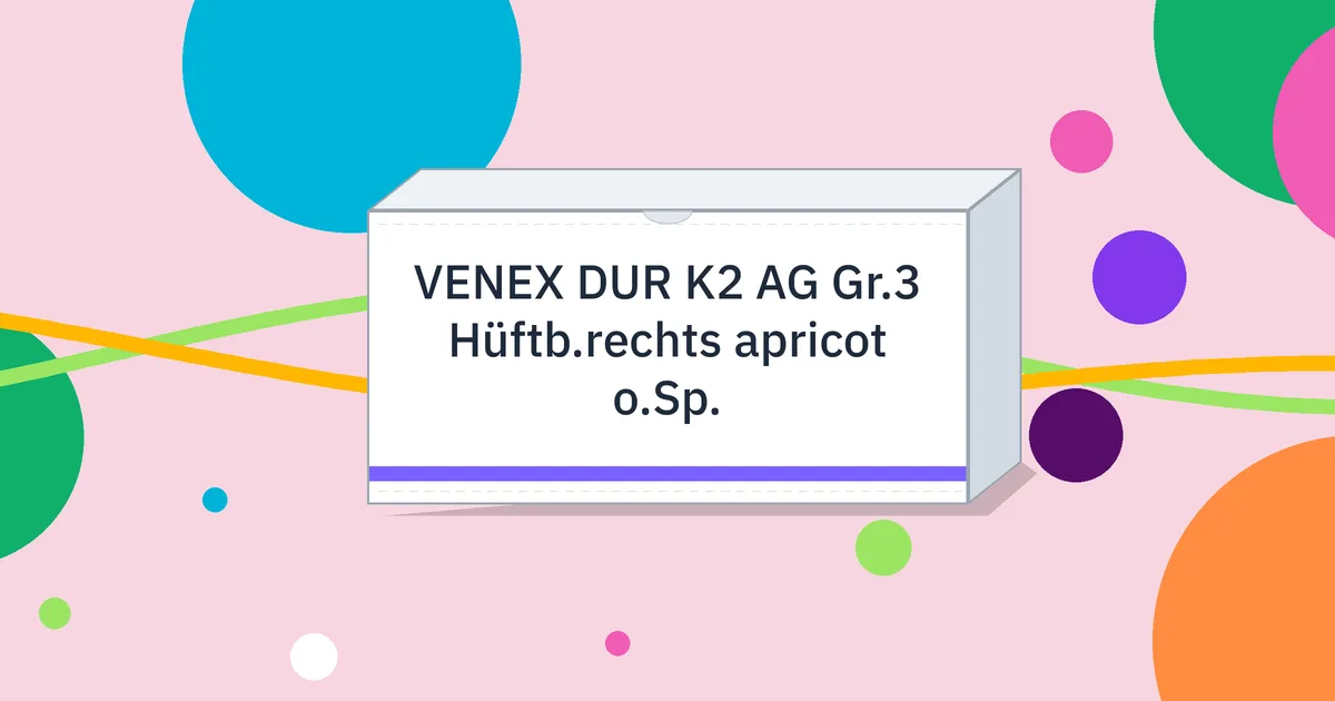 Symbolbild: Packung mit der Aufschrift VENEX DUR K2 AG Gr.3 Hüftb.rechts apricot o.Sp. (PZN 03231527) – Verfügbarkeit und Bezug in Apotheken in Frankfurt am Main